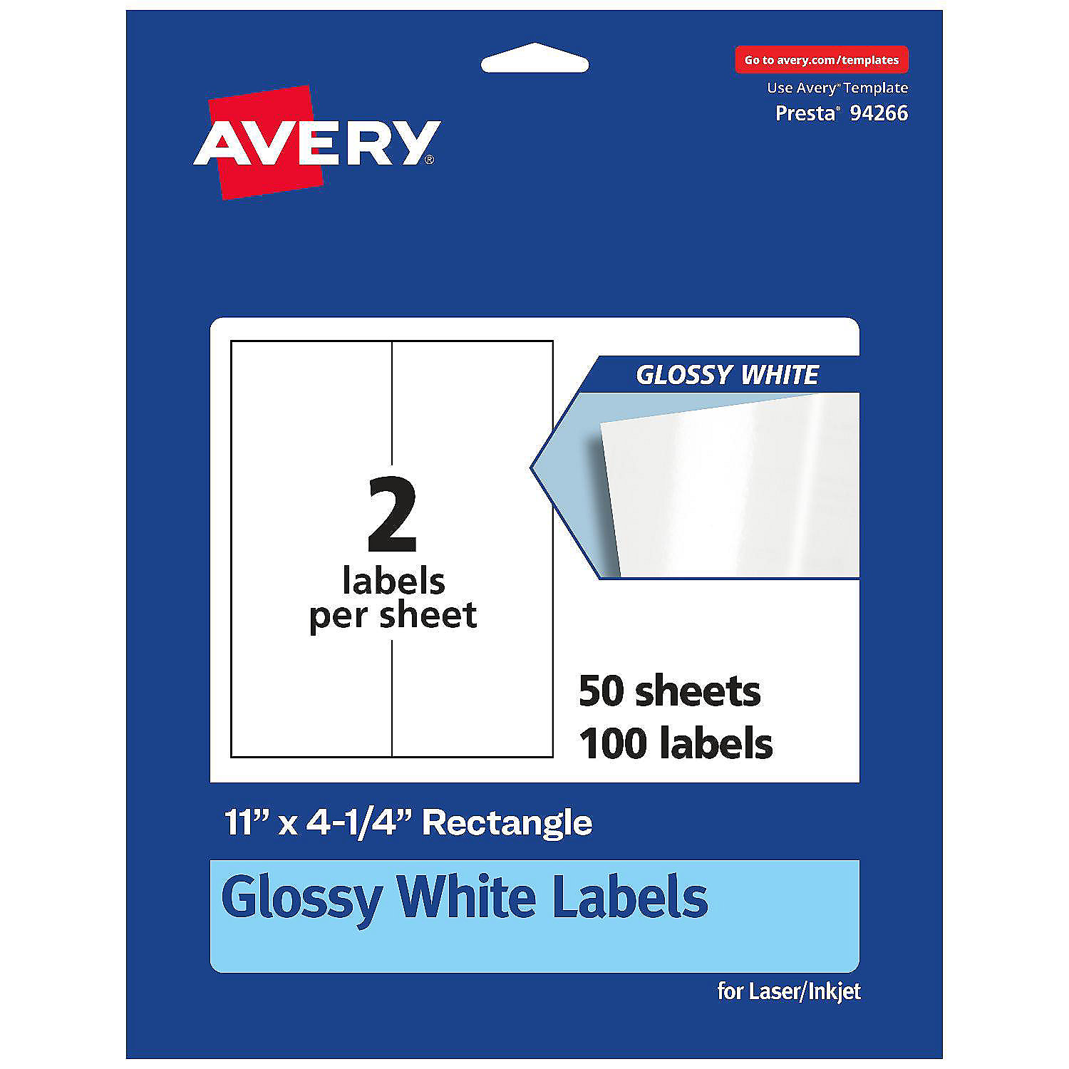 Avery Glossy White Rectangle Labels, 11" x 4.25", 100 Total | Oriental ...