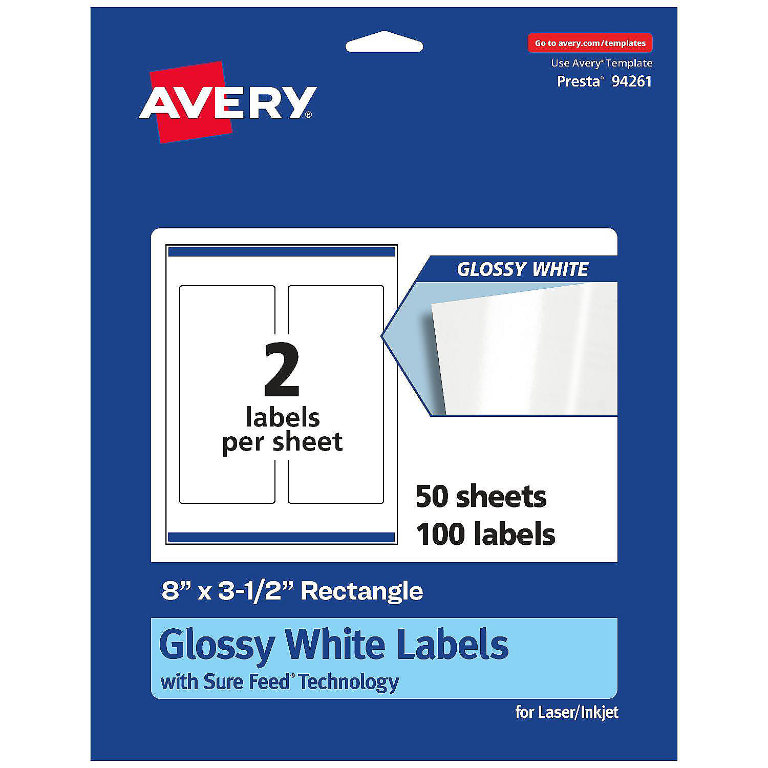 Avery Glossy White Rectangle Labels, 8" x 3.5", 100 Total | Oriental ...