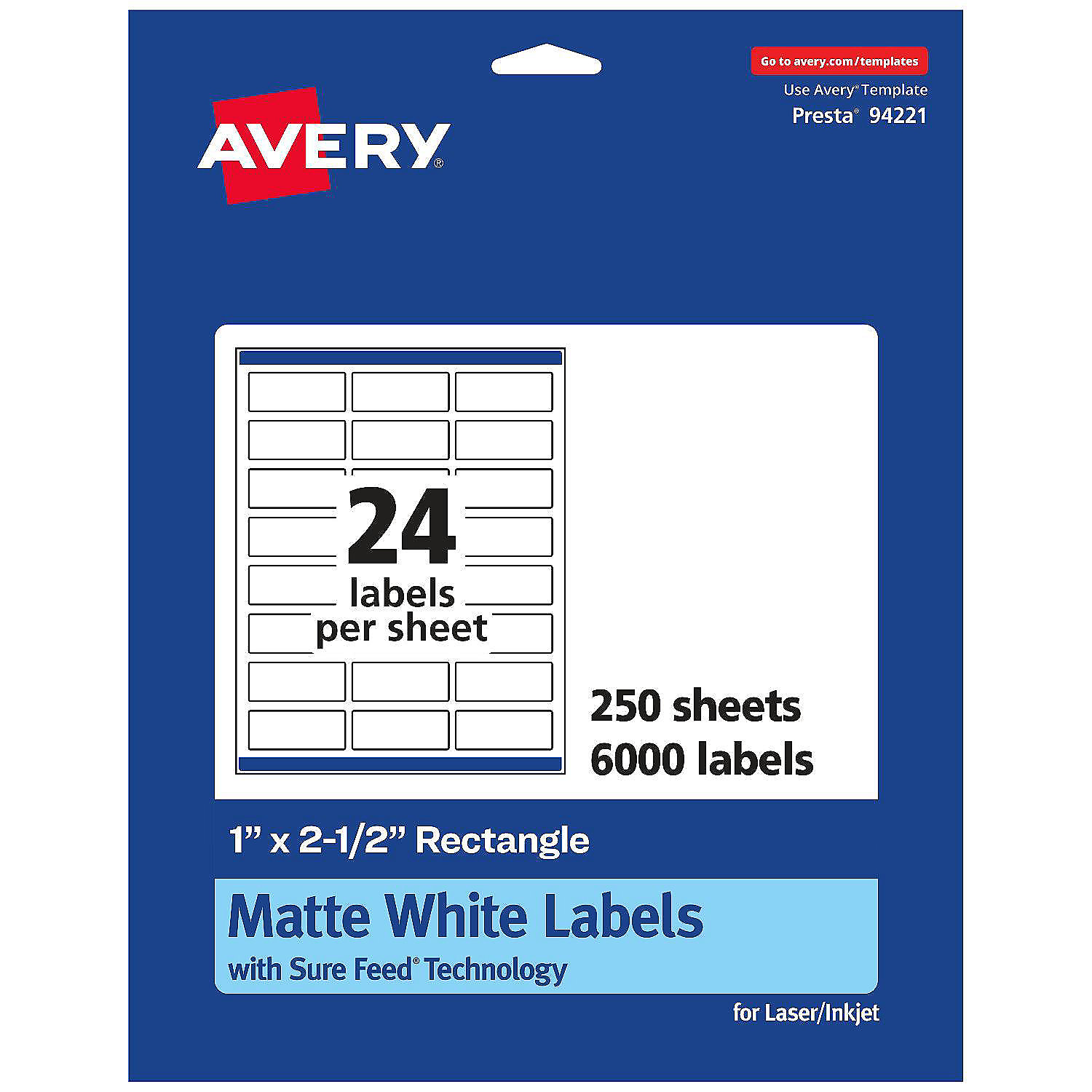 Avery Matte White Rectangle Labels, 1" x 2.5", 6,000 Labels | Oriental Trading