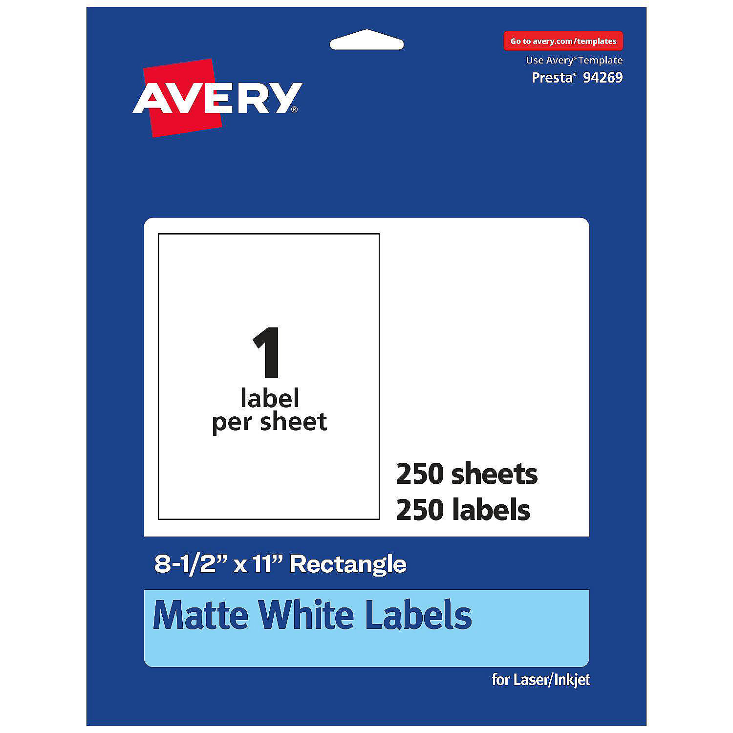 Avery Matte White Rectangle Labels, 8-1/2" x 11", 250 Total | Oriental ...
