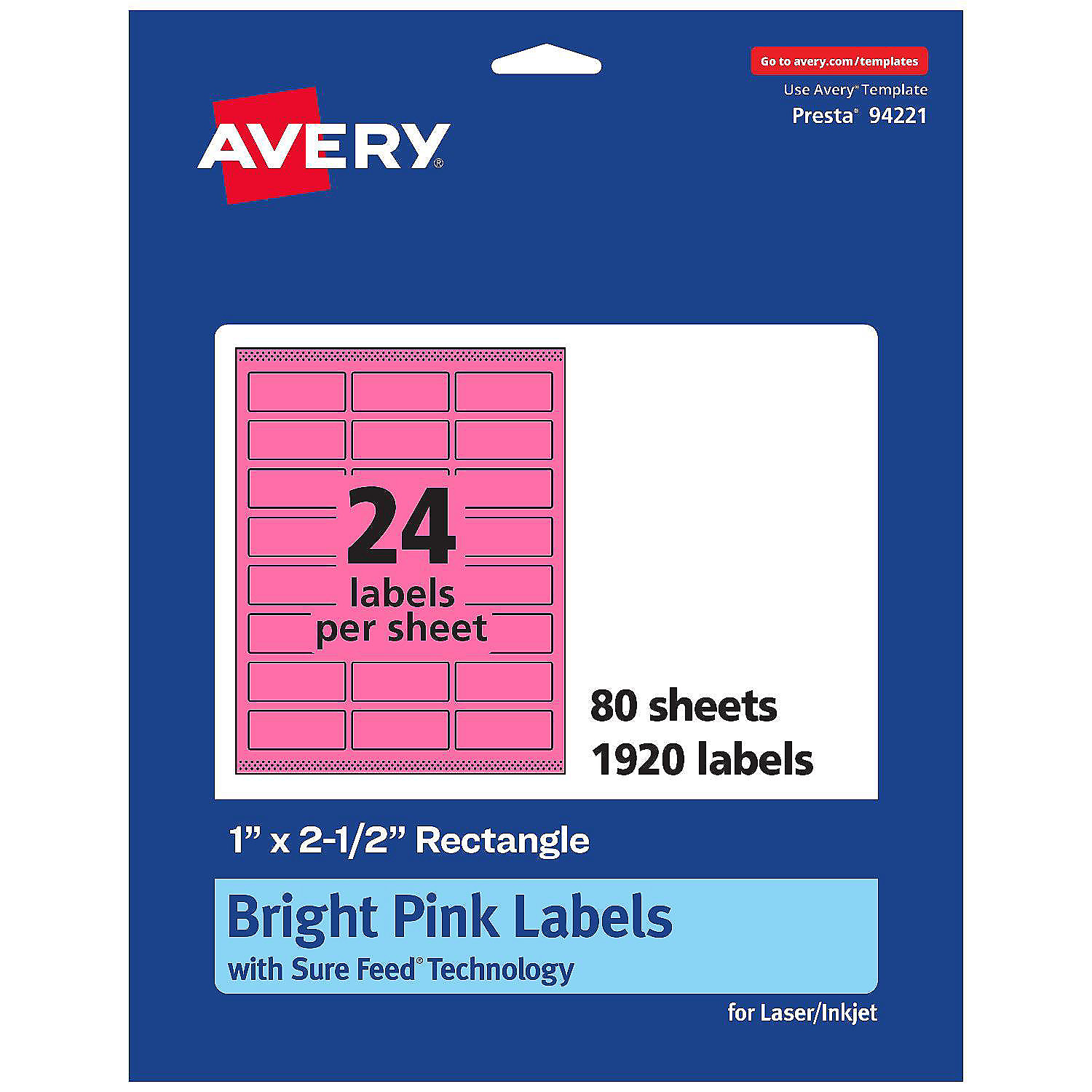 Avery Printable Rectangle Labels, Bright Pink, 1" x 2.5", 1,920ct ...