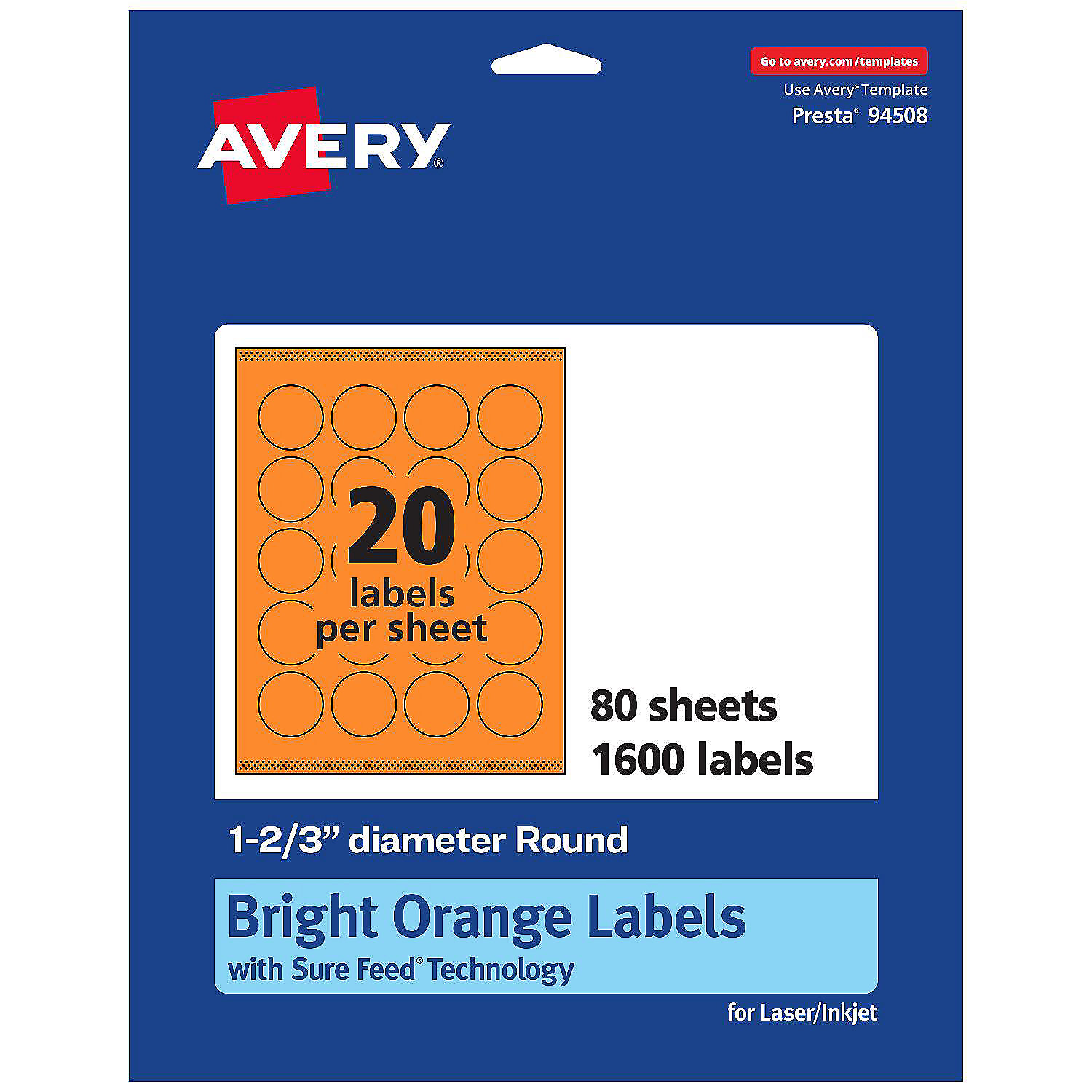 Avery Printable Round Labels, Bright Orange, 1-2/3" Diameter, 1,600ct ...