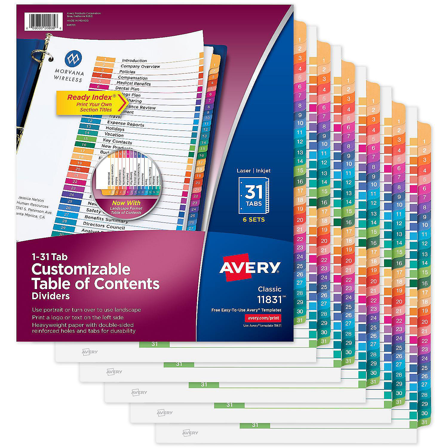 Avery Ready Index 31 Tab Dividers, Customizable TOC, 6 Sets
