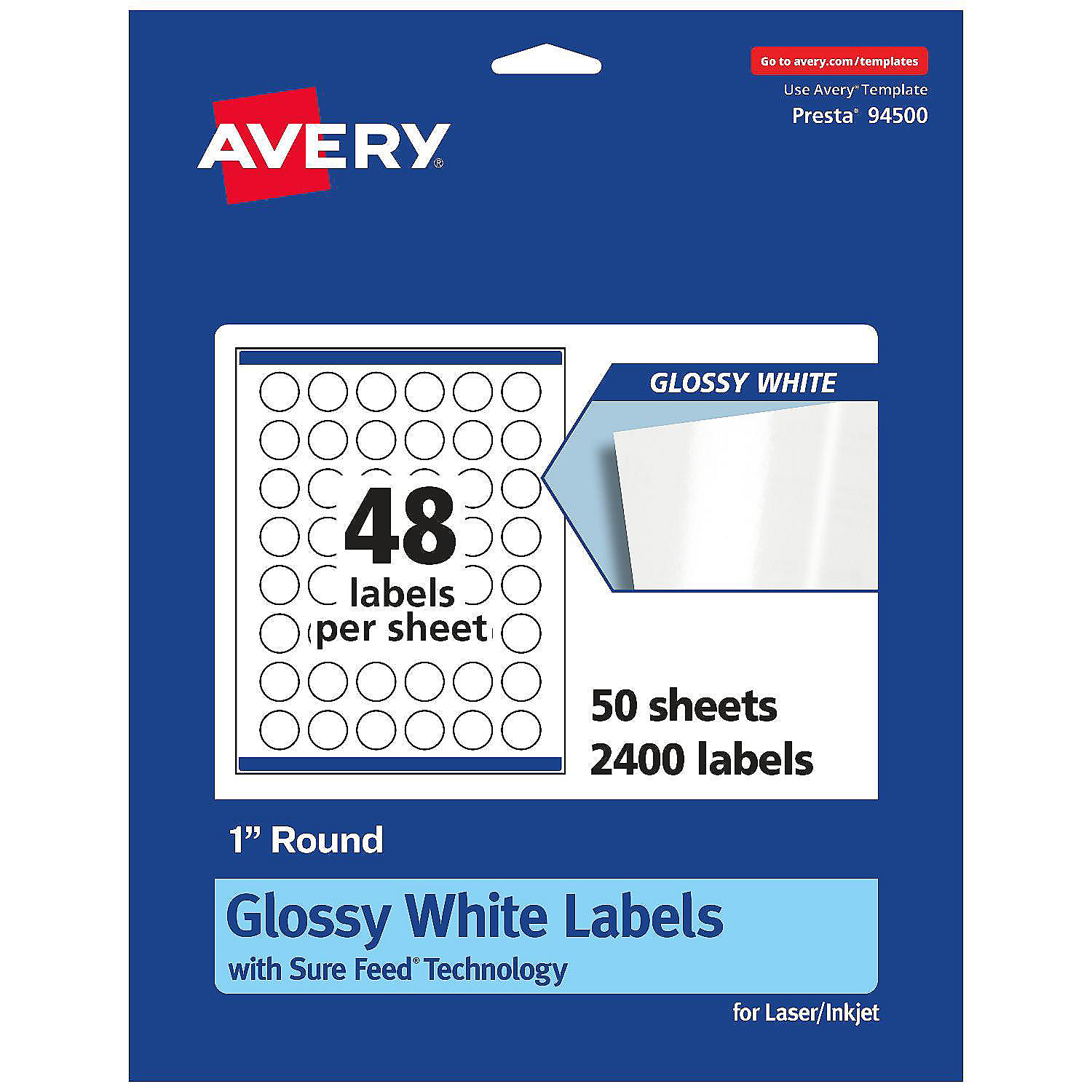 Avery Round Labels with Sure Feed, 1" Diameter, 2,400 Glossy White ...