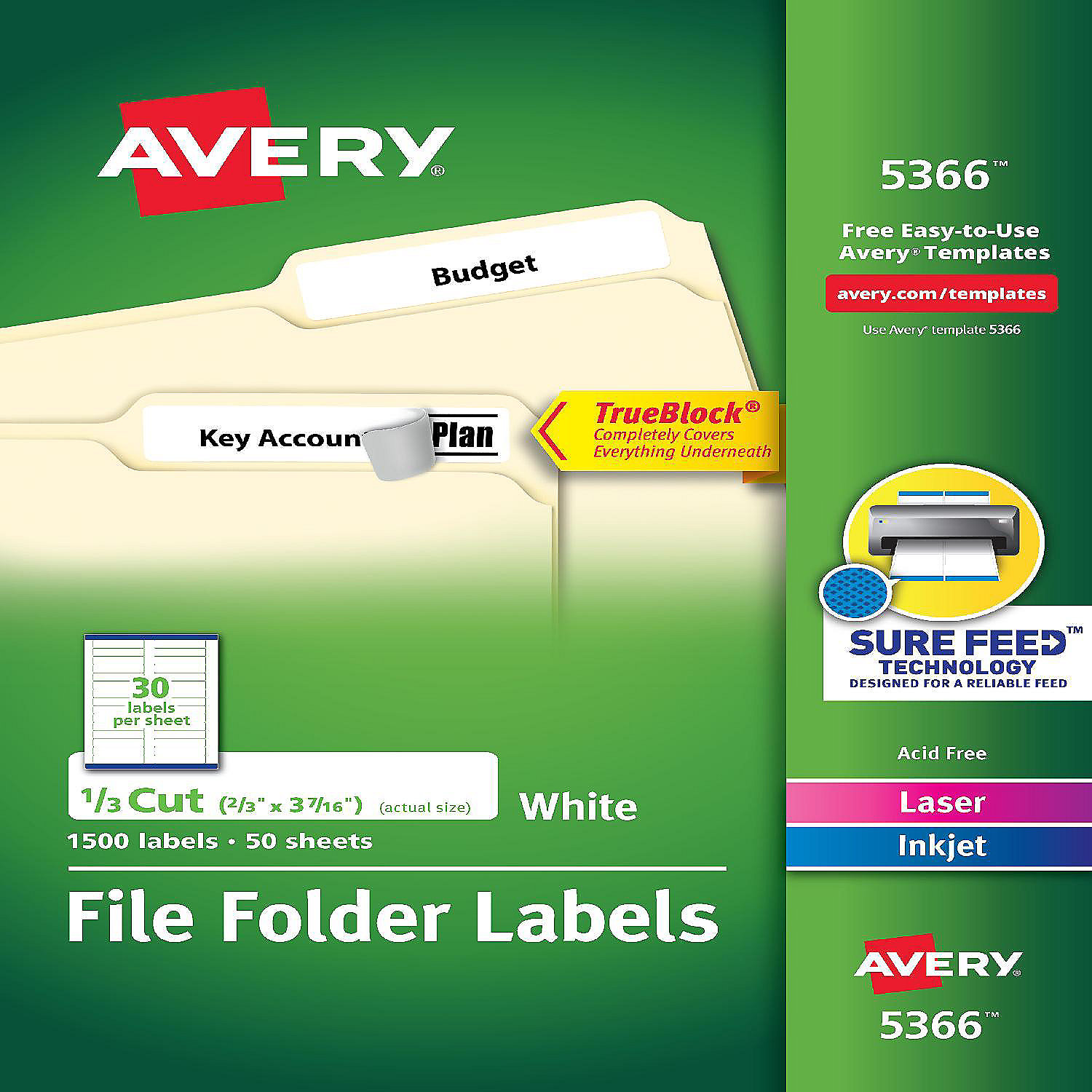Avery TrueBlock File Folder Labels, 2/3" x 3-7/16", 1,500 Printable Labels, White (5366) - 5 ...
