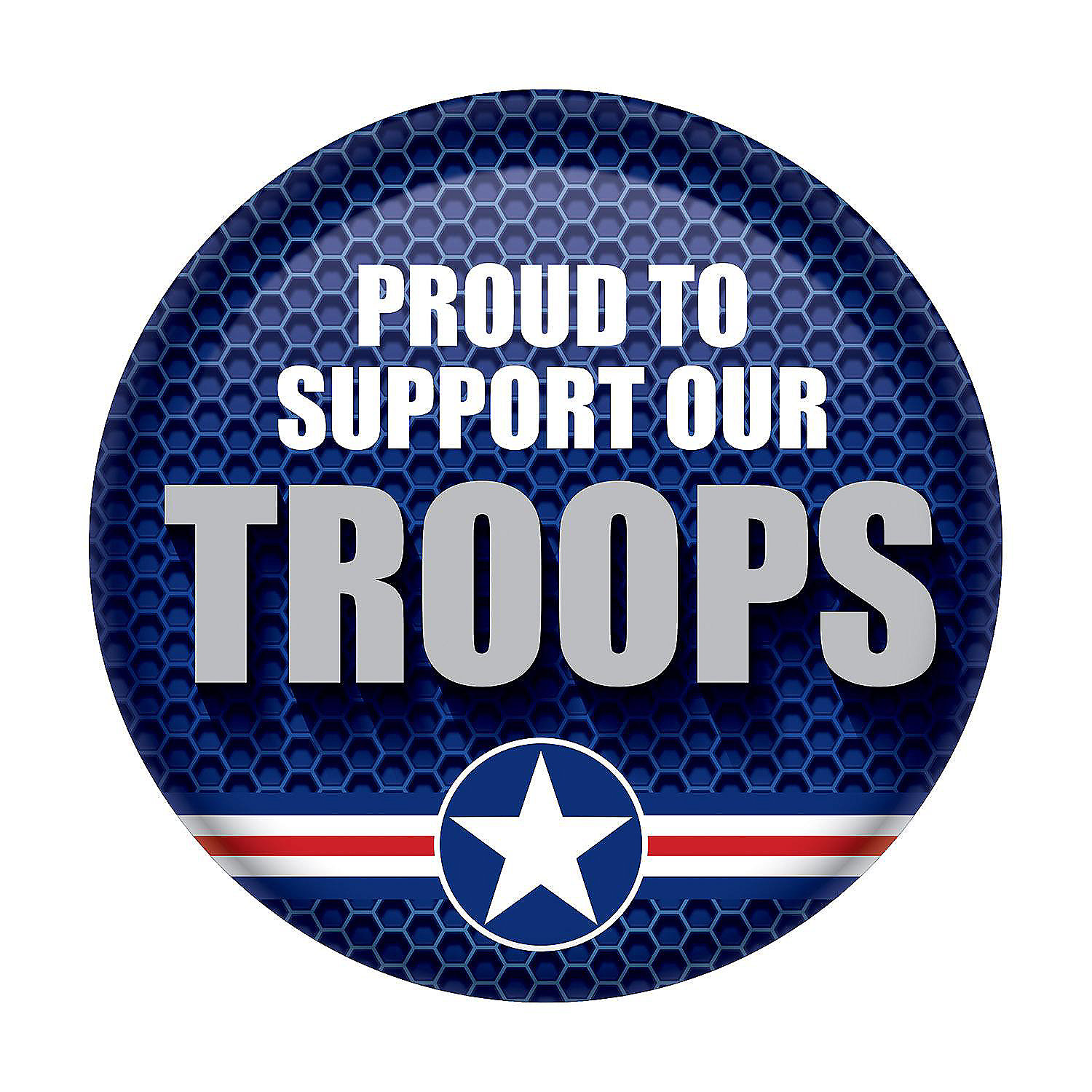 Beistle - Proud To Support Our Troops Button - Blue and White - 6 Pack