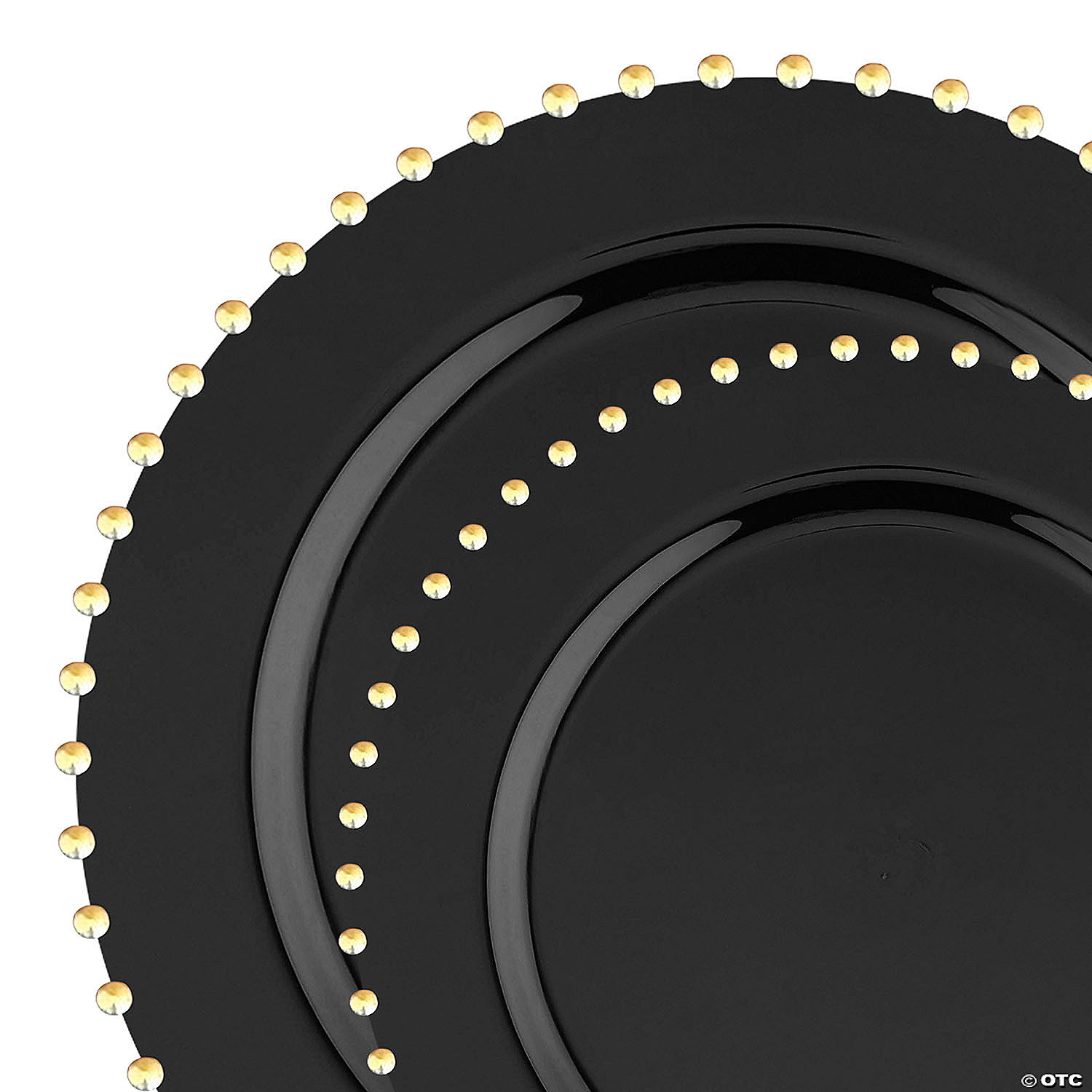 Black with Gold Pearl String Round Disposable Plastic Dinnerware Value Set - (120 Settings)