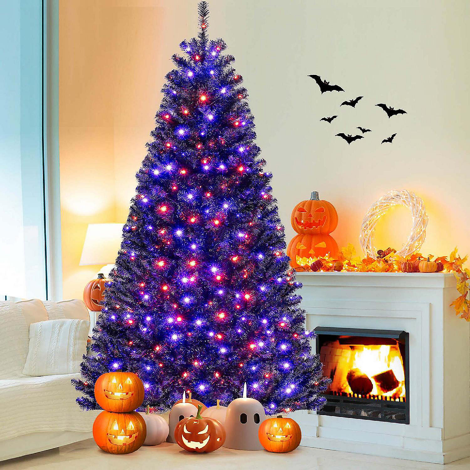 Costway 8 FT Halloween Tree Artificial Decoration Tree with 1408 Branch Tips 6 Lighting Modes ...