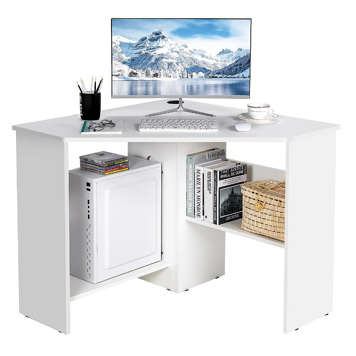 Costway Corner Computer Desk Triangle Writing Workstation w/ Storage ...