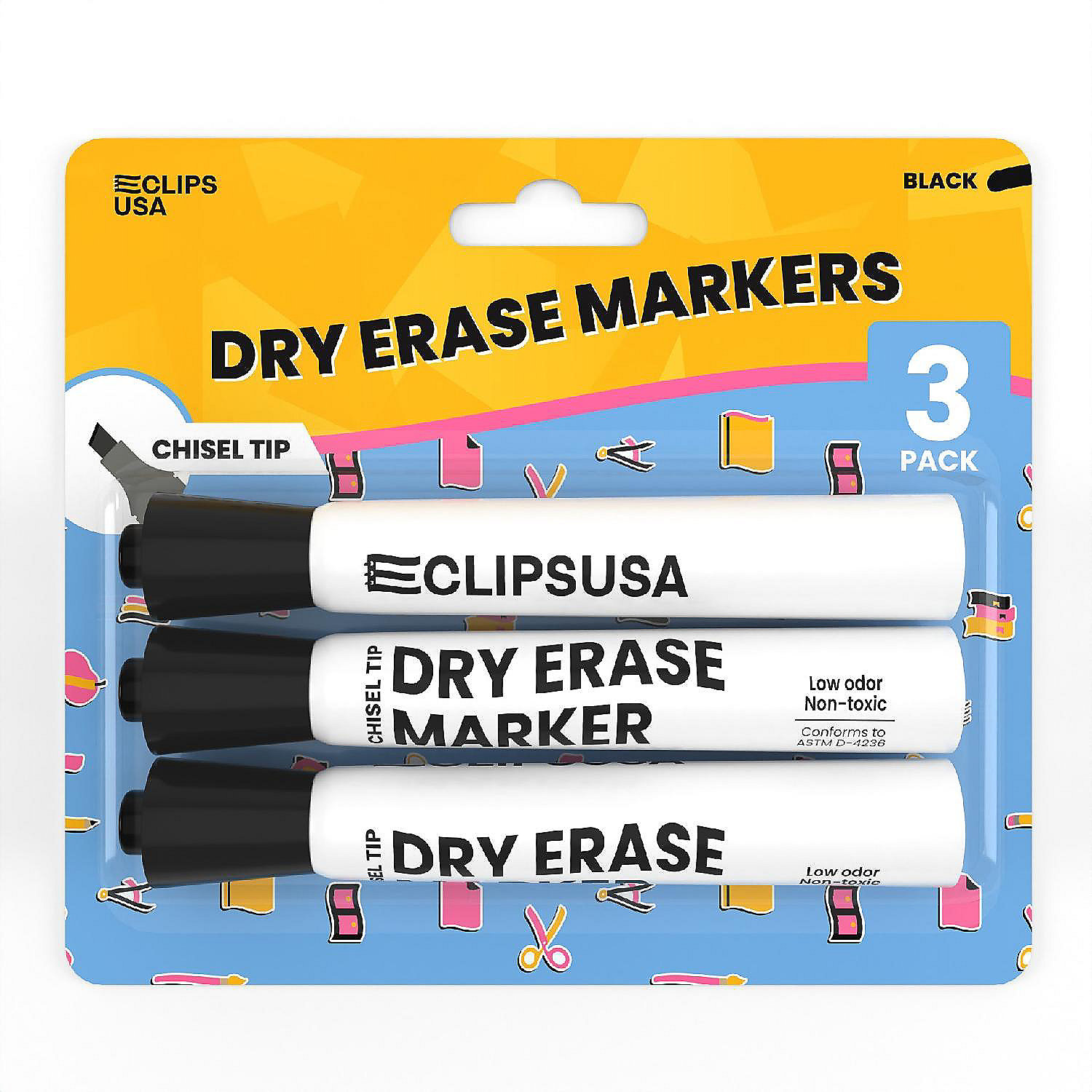 E-Clips USA Dry Erase Markers - Low Odor, Non-Toxic, Black, 3 Pack, Chisel-Tip , 72 Units