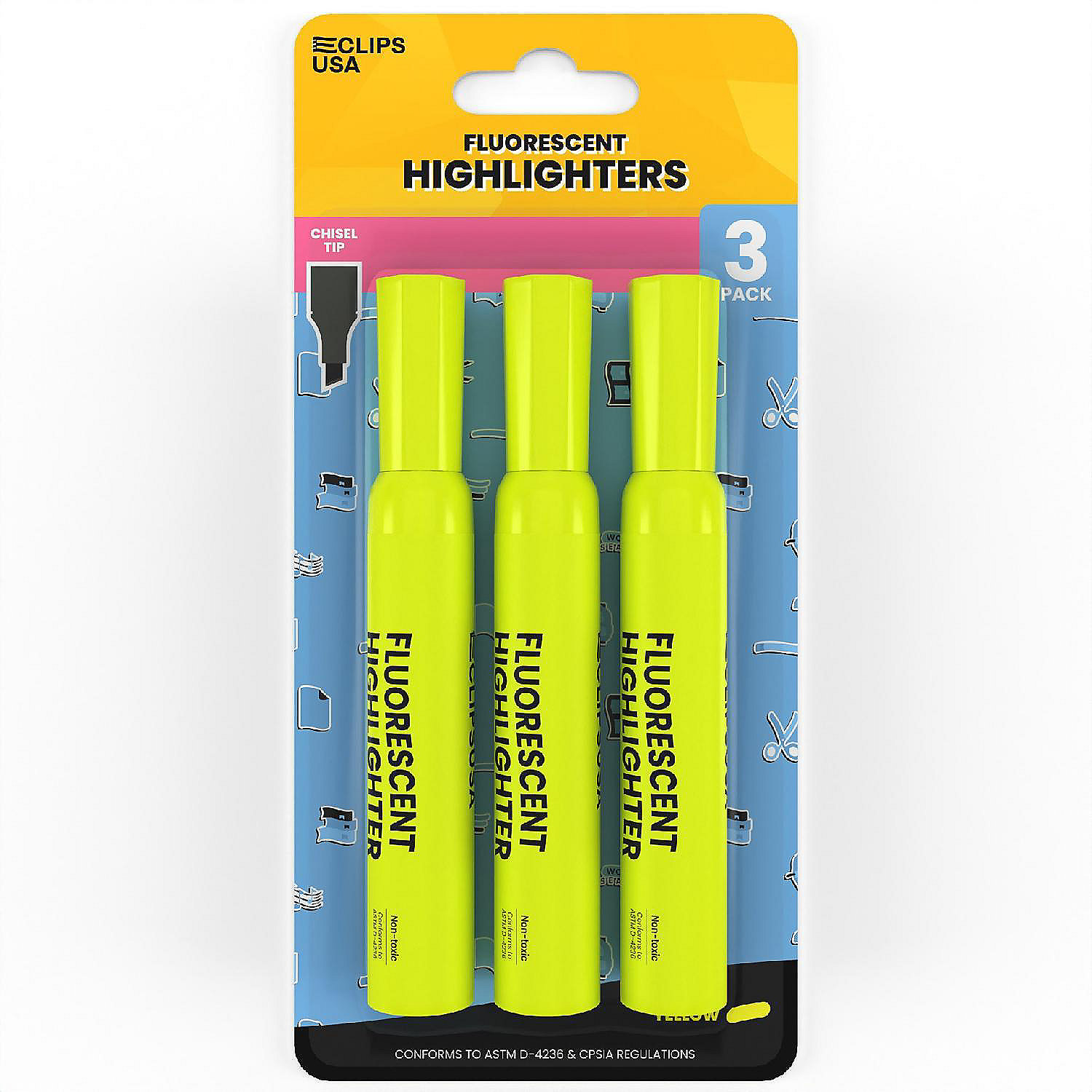 E-Clips USA Fluorescent Highlighter Pen - Yellow, 3 Pack, Chisel-tip ...