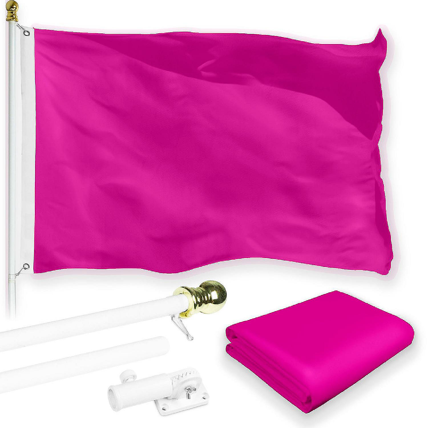 G128 Combo 5Ft White Flagpole & 2X3Ft Solid Pink Printed 150D Polyester ...