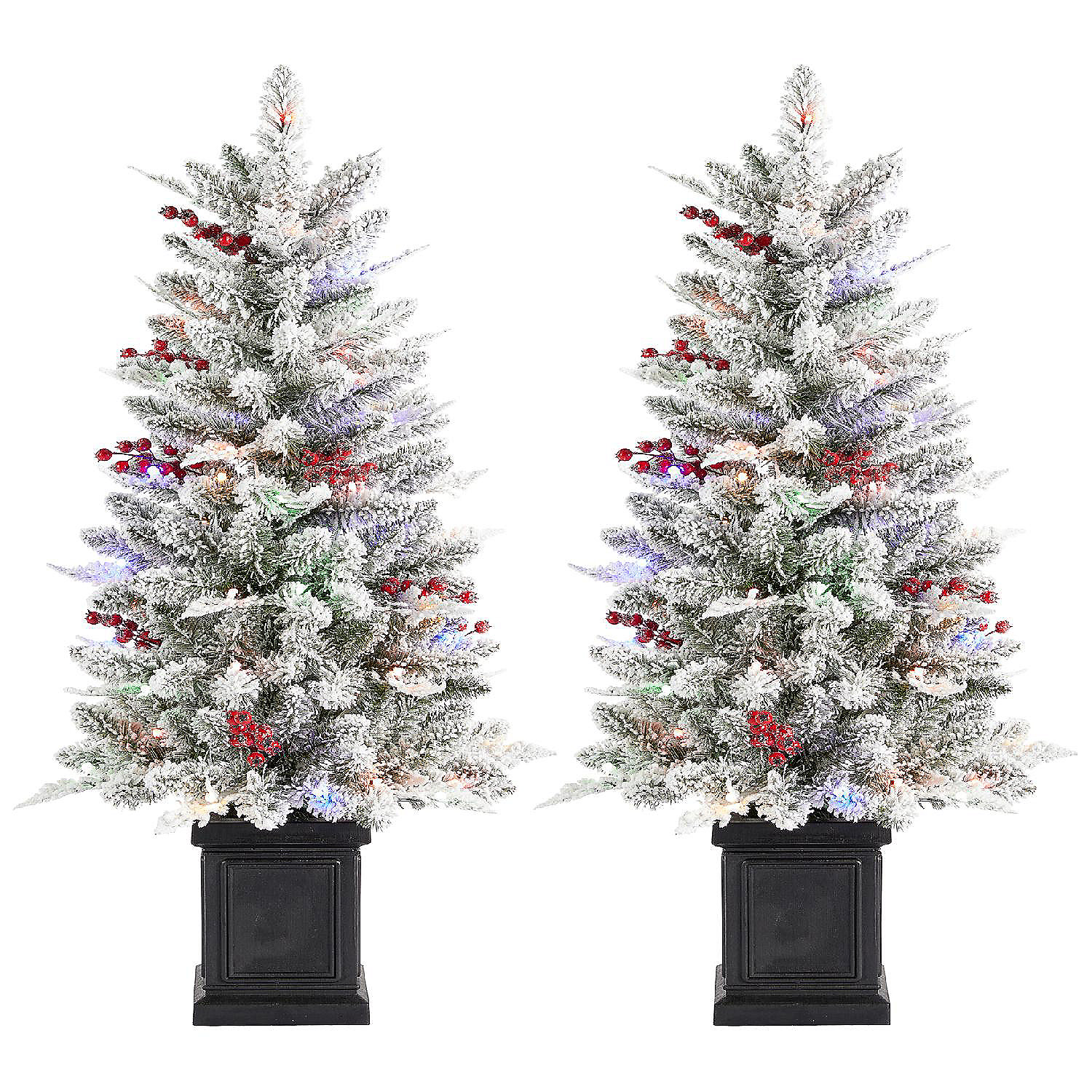 Glitzhome Set of 2 4ft Pre-Lit Flocked Artificial Christmas Porch Tree with and Red Berries and ...