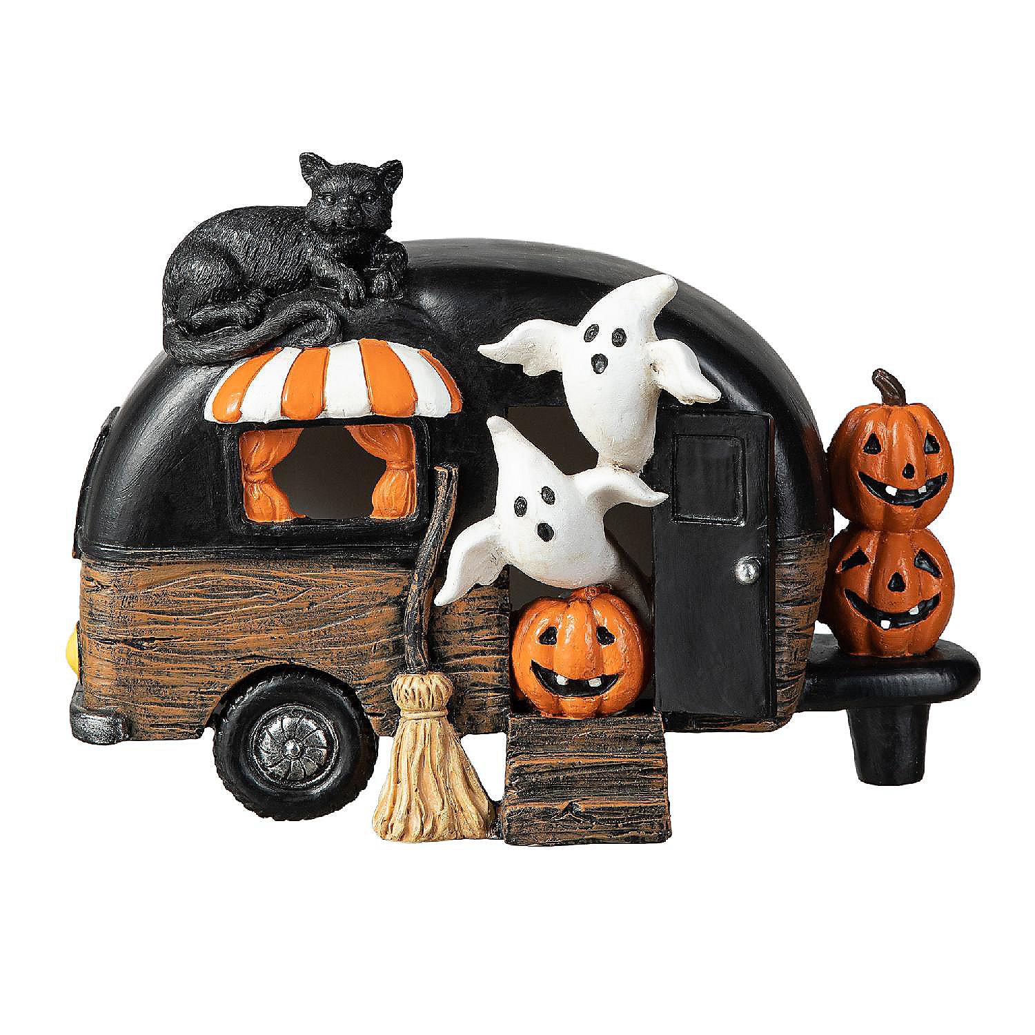Glitzhome Set of 2 9.25"L Halloween Polyresin Lighted Camper W/Ghost & Pumpkin & Black Cat Table ...