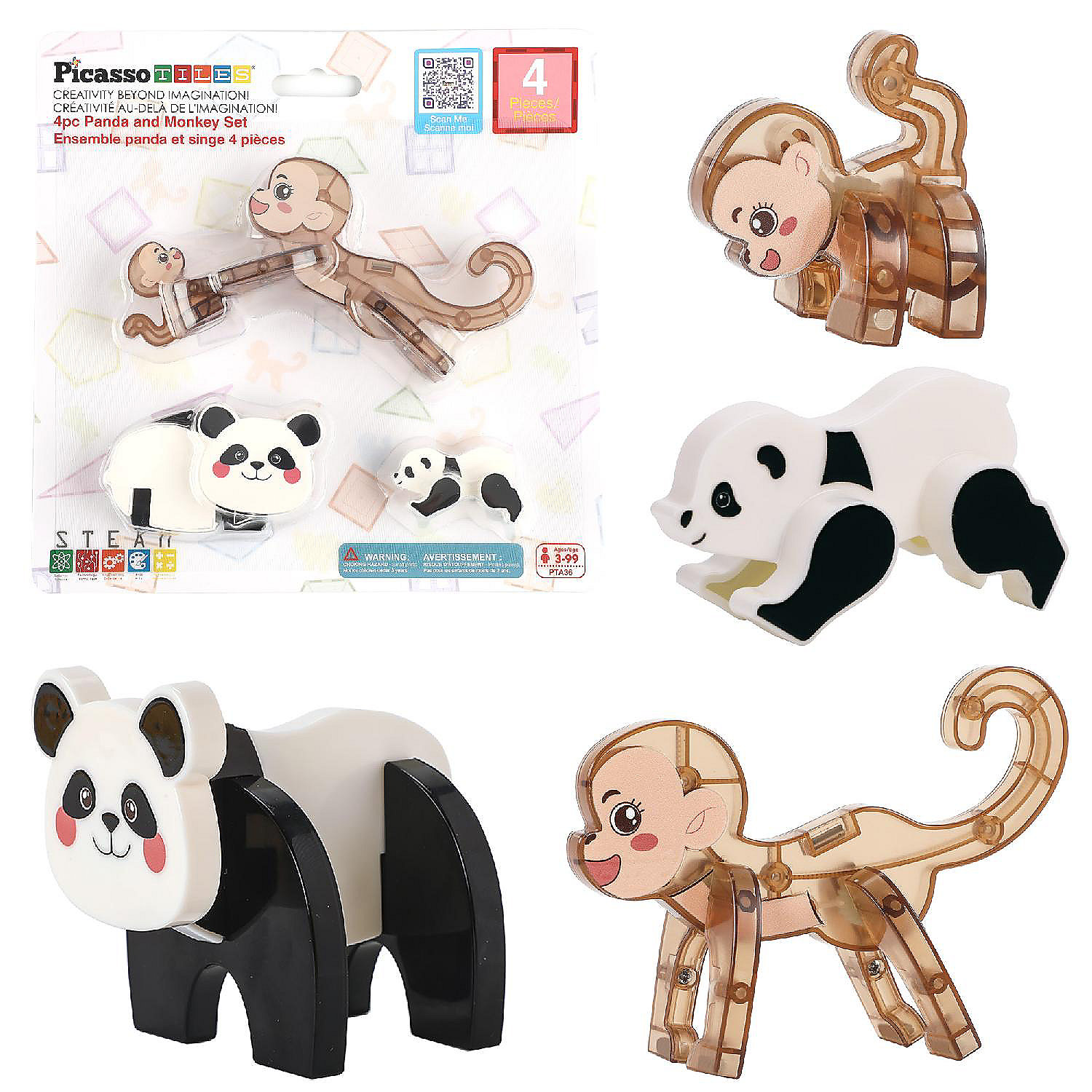 PicassoTiles 4 PC Panda & Monkey Parent and Baby Characters Themed, Magnetic Tiles, Magnet ...