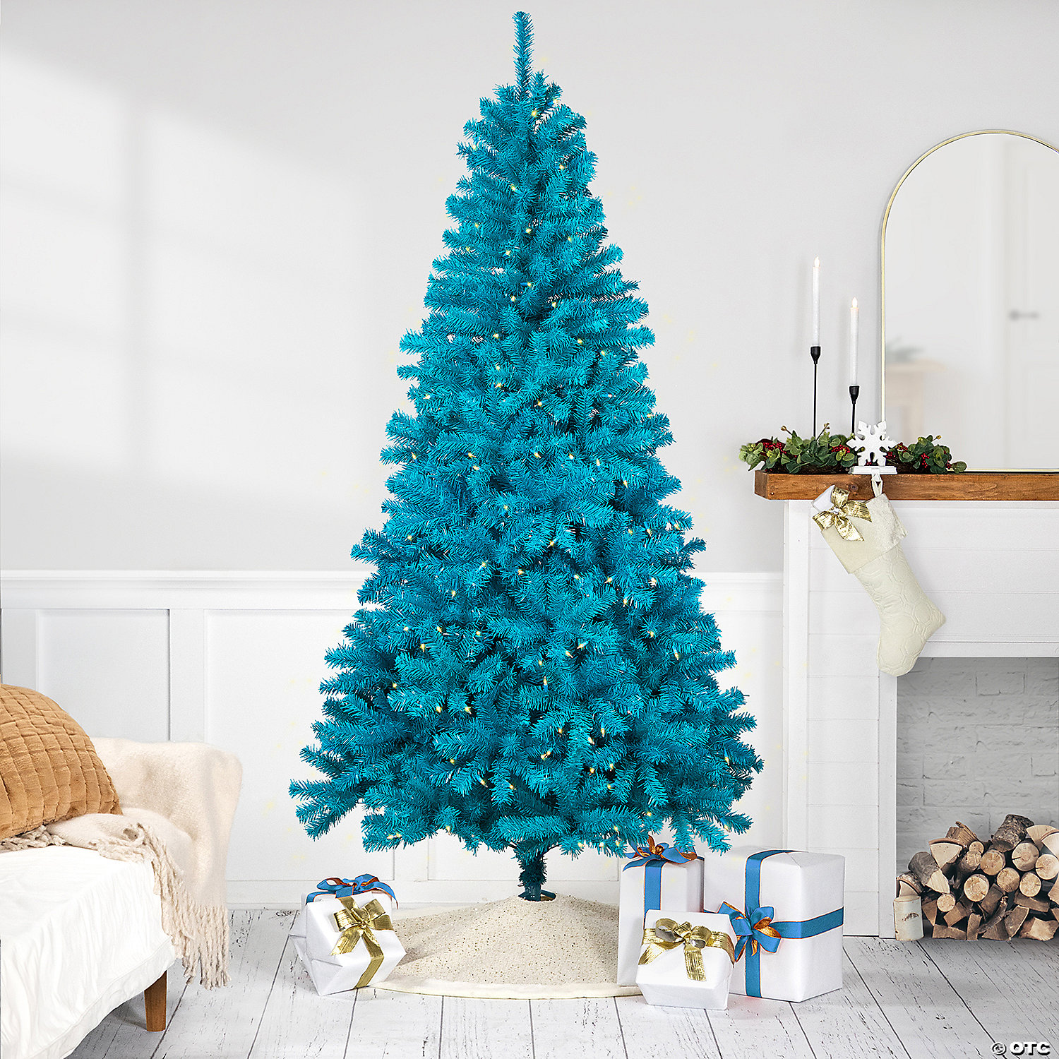Pre-Lit Medium Artificial Pine Christmas Tree - 7' - Turquoise - Clear ...