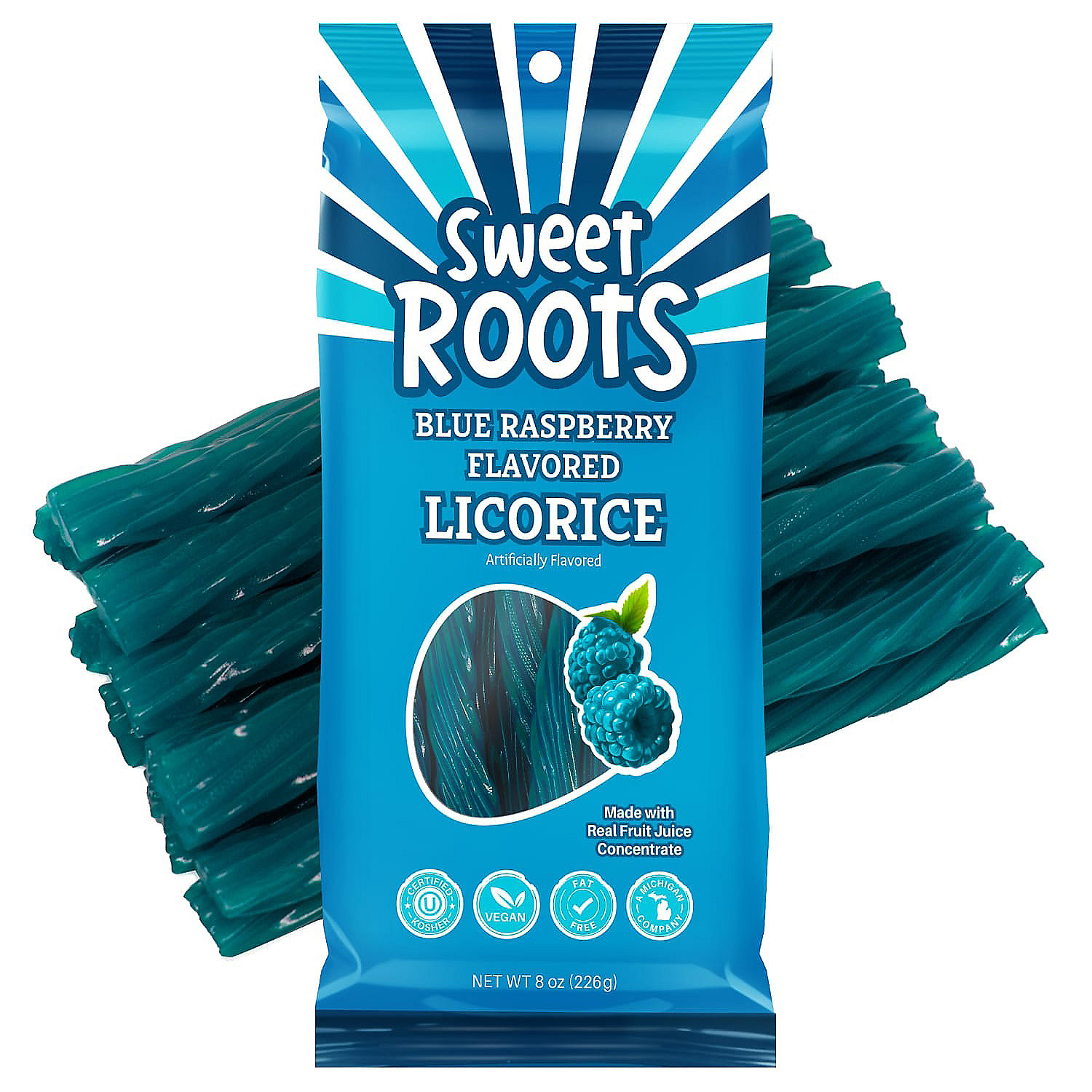 Sweet Roots Blue Raspberry Licorice (8 oz, 12 Pack) | Oriental Trading