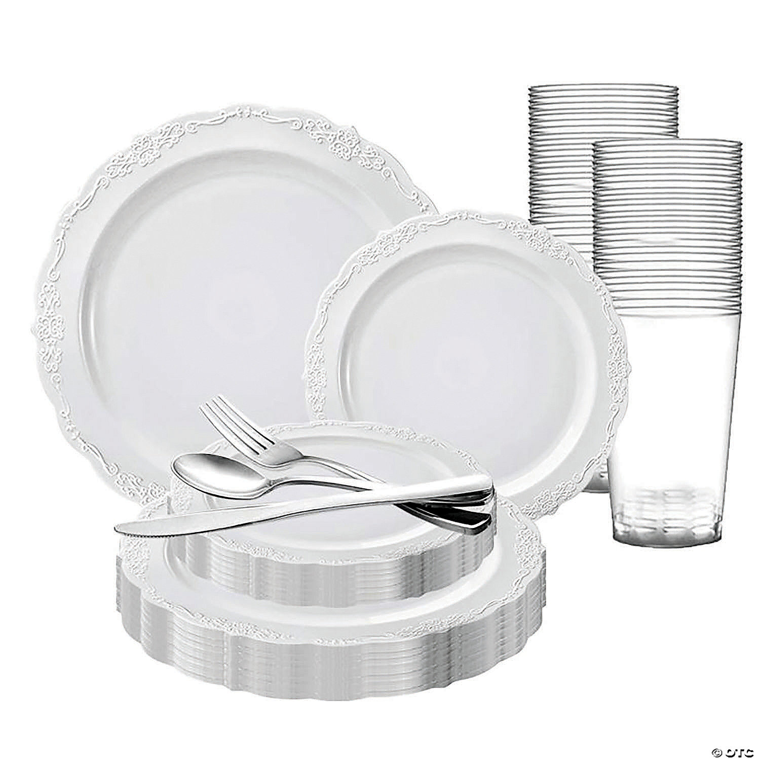 White Vintage Round Disposable Plastic Dinnerware Value Set (60 ...