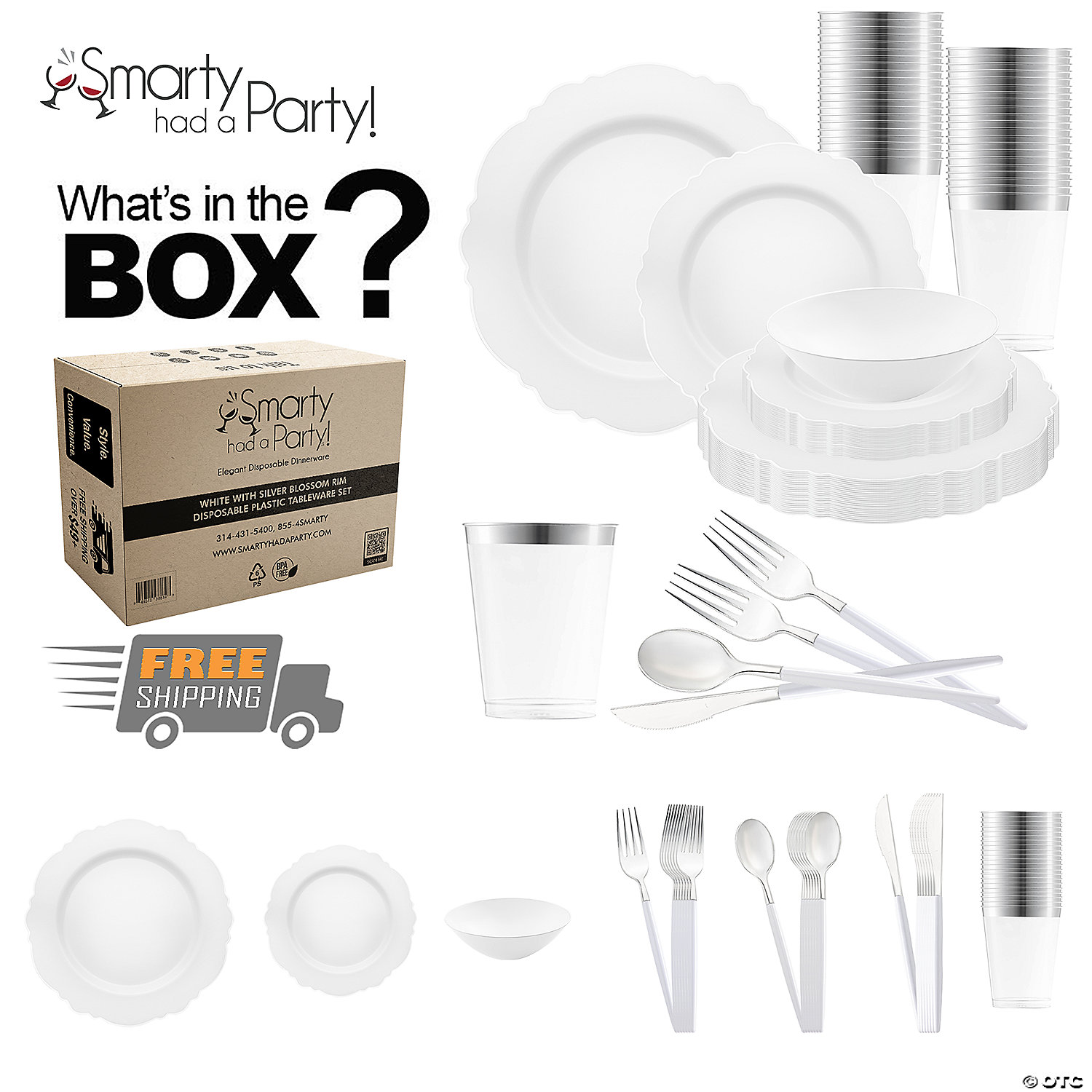 White with Silver Blossom Rim Disposable Plastic Tableware Set - 120 ...