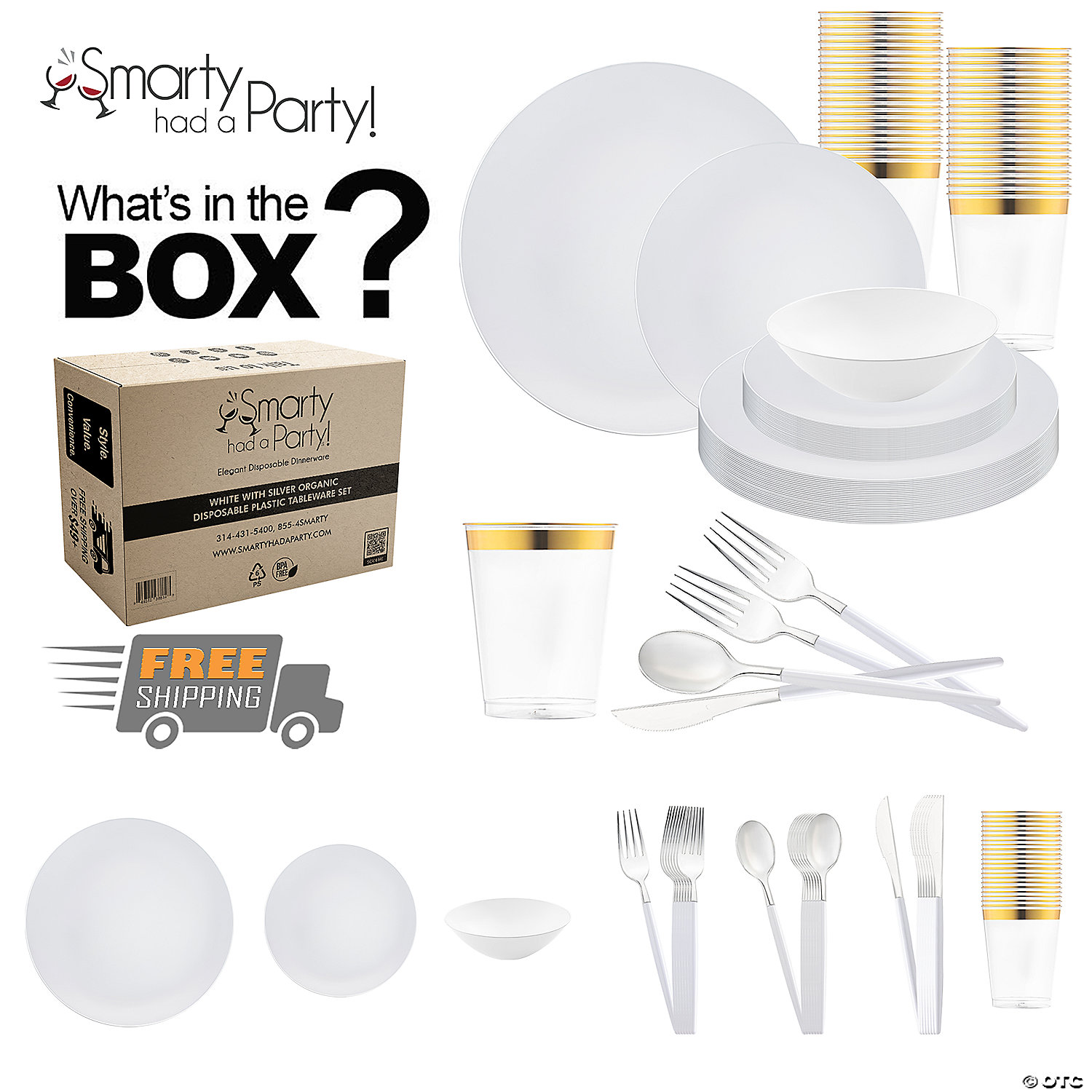 White with Silver Organic Disposable Plastic Tableware Set - 60 ...