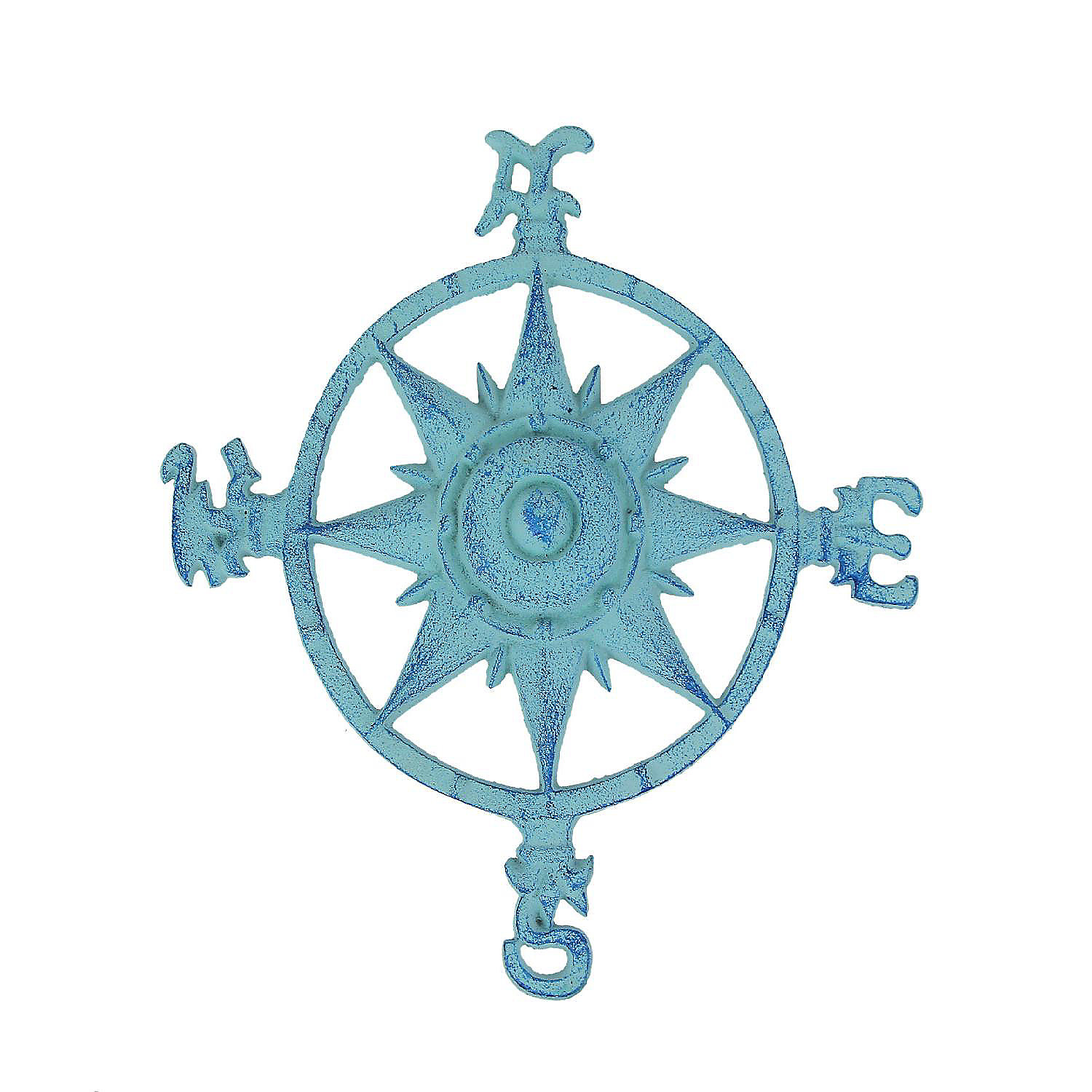 Zeckos Weathered Blue Cast Iron Nautical Compass Rose Wall Hanging